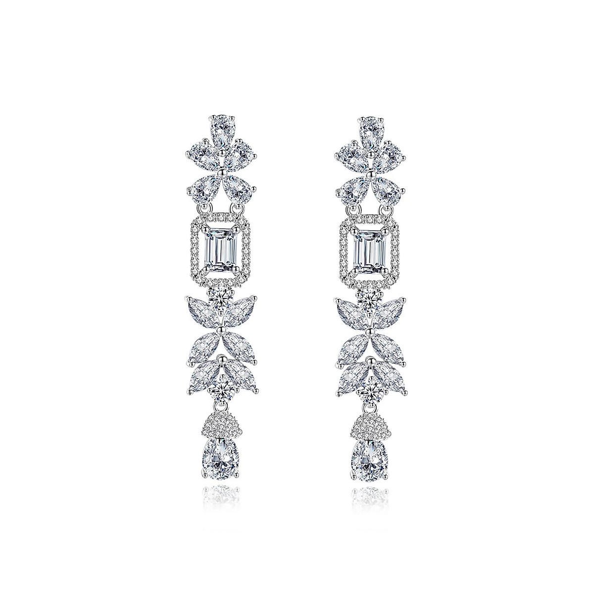 White Gold Plated Rectangle Square Shaped Crystal Wedding Bridal Bridesmaid Clear Cubic Zirconia Stud Dangle Earrings Fashion Jewelry for Women