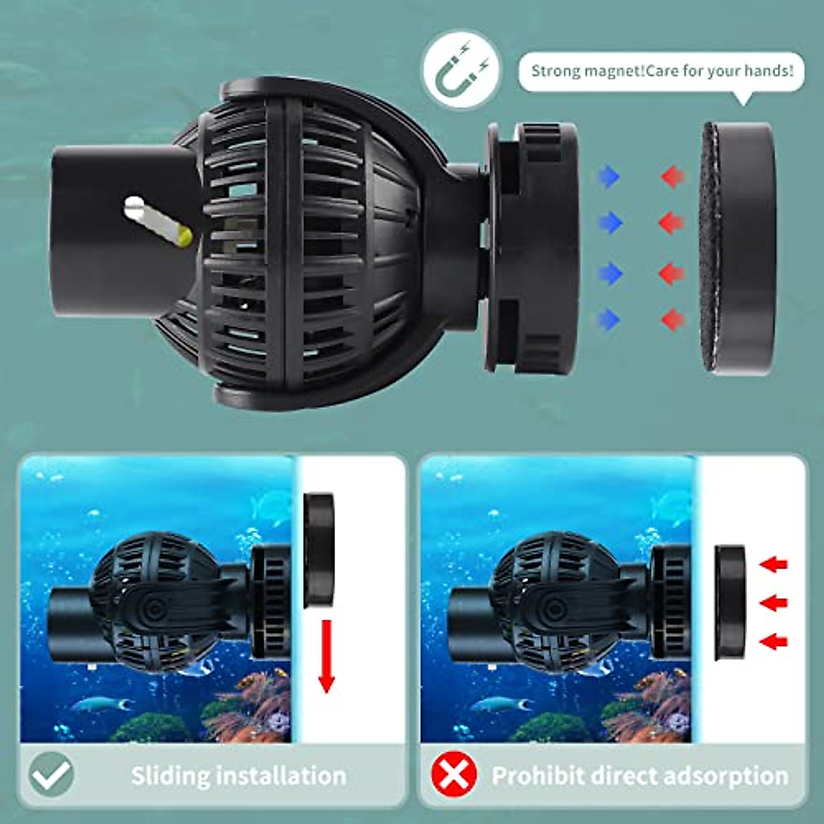 CPROSP Power Head for Saltwater Tank 1050 GPH, Wavemaker with Magnetic Base for 31.7-52.8 Gal, Aquarium Circulation Pump Wave Maker with 2 m Cable, Water Movement Aquarium 2 Prong Plug, Black