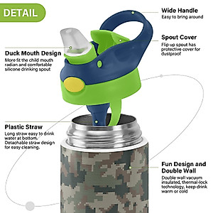 Moudou Camouflage Kids Water Bottle 12 oz, Double Walled Vacuum Insulated Stainless Steel Thermos Travel Tumbler for Boys, Girls, Toddlers