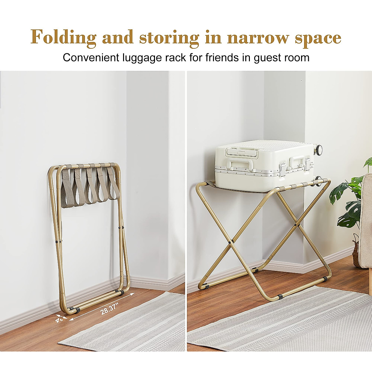 ELYKEN Luggage Rack for Guest Room 2 Pack, Folding Suitcase Stand, Heavy Duty 110LBS Load Bearing Easily Assemble Luggage Holder, Gold