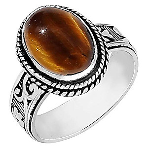 Tiger Eye Ring Size 9 Sterling Silver Plated For Women, Brown Stone June Birthstone Southwest Bohemian Jewelry Christmas Mother's Day Gifts For Her