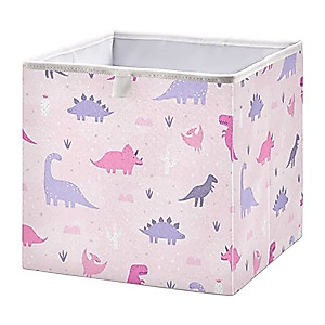 Kigai Pink Cartoon Dinosaur Cube Storage Bins - 11x11x11 in Large Foldable Cubes Organizer Storage Basket for Home Office, Nursery, Shelf, Closet