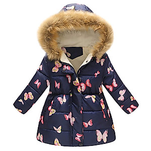Kids Toddler Baby Girls Boys Fall Light Puffer Floral Print Faux Fur Hoodie Zip Up Fleece Jacket Thick Down Winter Warm Coats Windproof Peacoat Overcoat Outwear Windbreaker Blue-Butterfly 3-4 Years