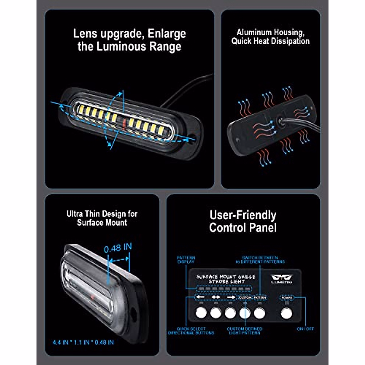 LUMENIX White Green LED Surface Mount Strobe Flashing Lights Kit w/Control Box, 8PCS Grille Side Marker Emergency Warning Caution Light for Vehicles Trucks SUV Cars Vans (Ultra Slim Sync Feature)
