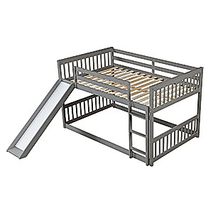 HomSof Solid Wood Full Over Full bunkbed with Slide，Full-Length Safety Guardrails,No Box Spring Needed,Grey