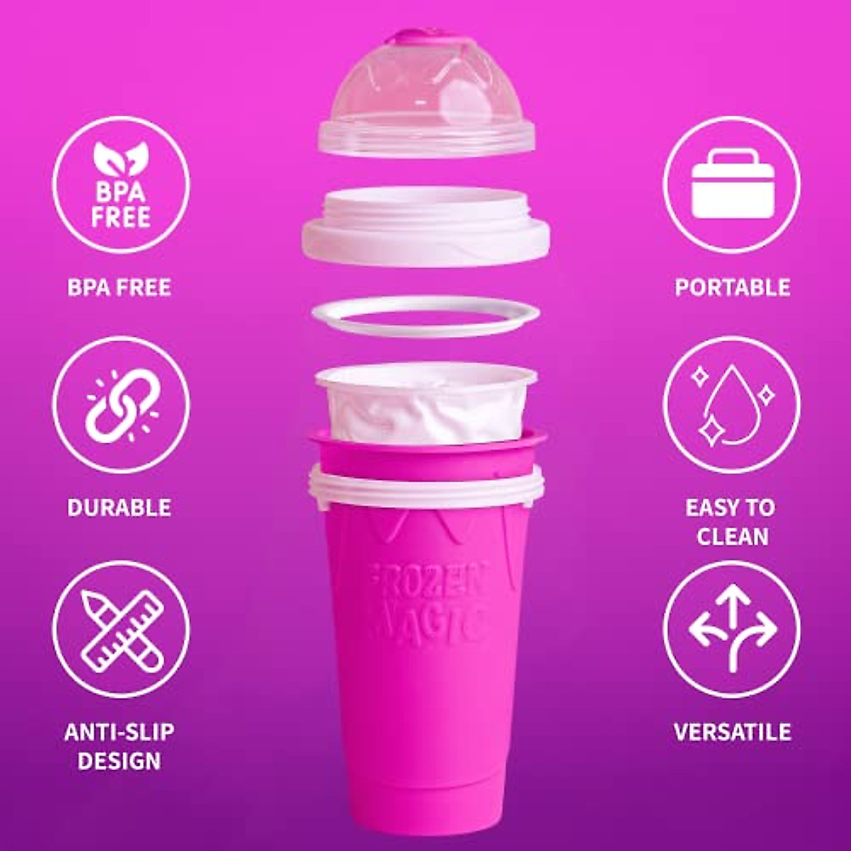 SLUSH MASTERS Slushie Maker Cup - Pack of 3, Quick Frozen, Cooling Magic, Ice Cup, Ice Cream, Smoothie Maker for Family and Friends – FREE Lid, Straw and Cleaning Brush Included