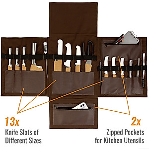 Under NY Sky Knife Bag - Brown Real Leather - 13 Knife Slots, 2 Zipped Pockets for Kitchen Utensils, Large Pocket for Tablets & Notebooks - Expandable - Tool Storage Bag Style for Chefs, Cooks, BBQ