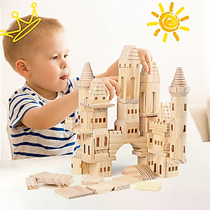 Garlictoys 75 Pieces Wooden Castle Blocks Medieval Knights Princesses Wooden Castle Building Blocks Kit for Kids Boys and Girls