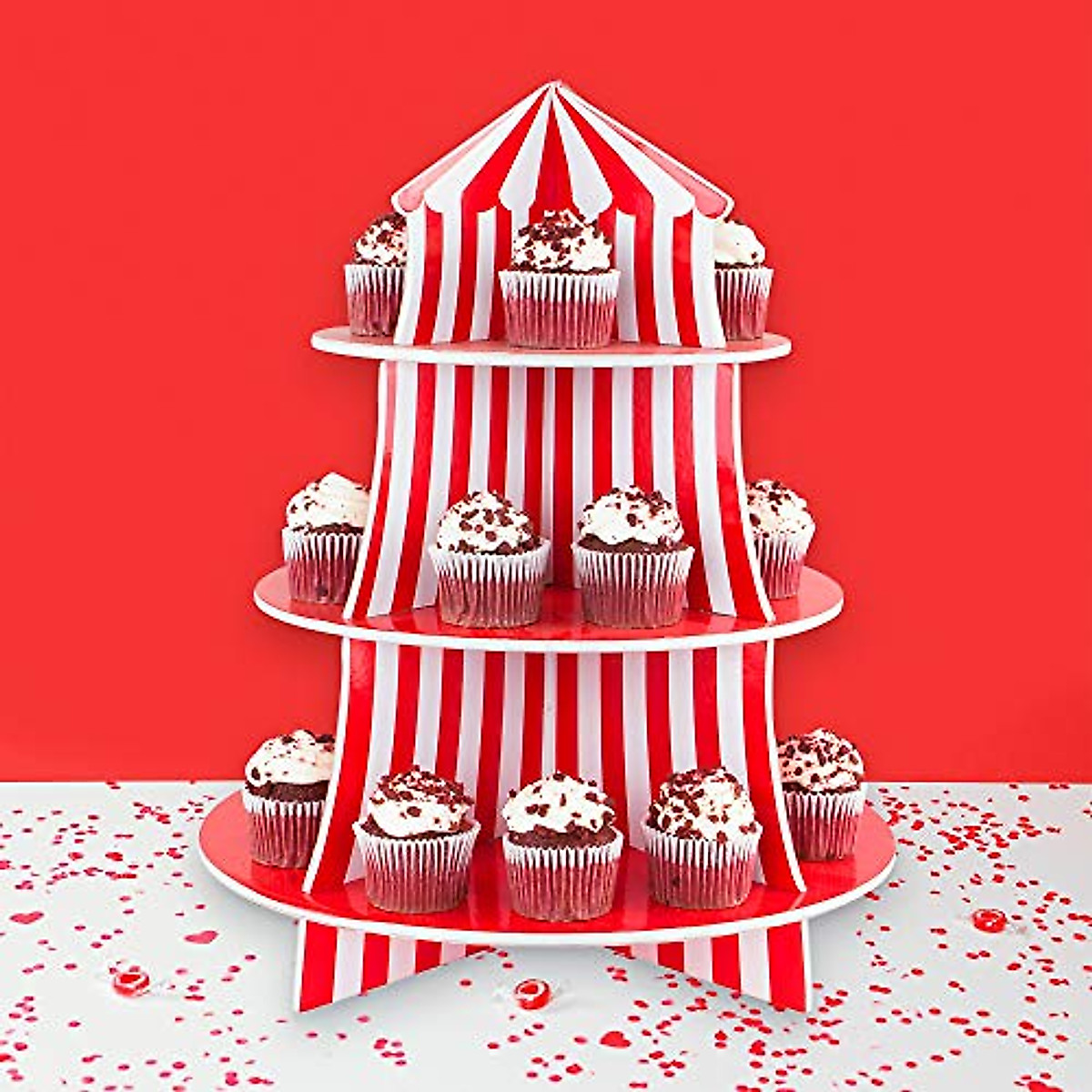 3 Tier Cupcake Foam Stand with Circus Carnival Tent Design for Desserts, Birthdays, Decorations