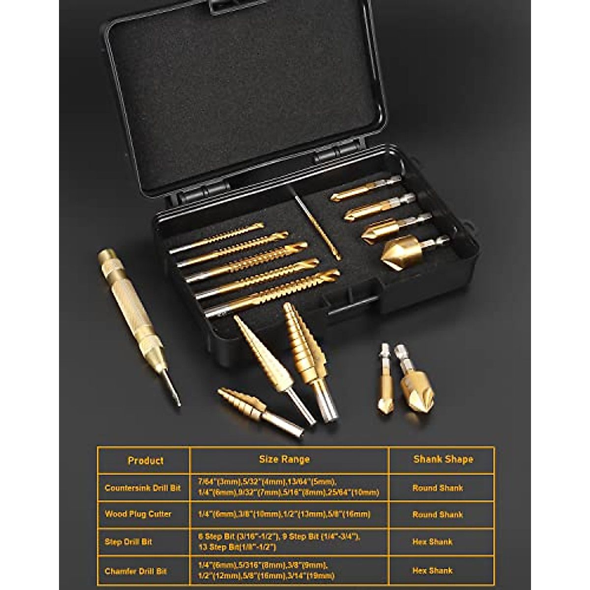 WENHUALI 16Pcs Drill Bit Set with Case, Including Titanium Coated 3Pcs Step Drill Bit, 6Pcs Countersink Drill Bits, 6Pcs High Speed Steel Twist Drill Bits for Metalworking, Woodworking, Hole Drilling