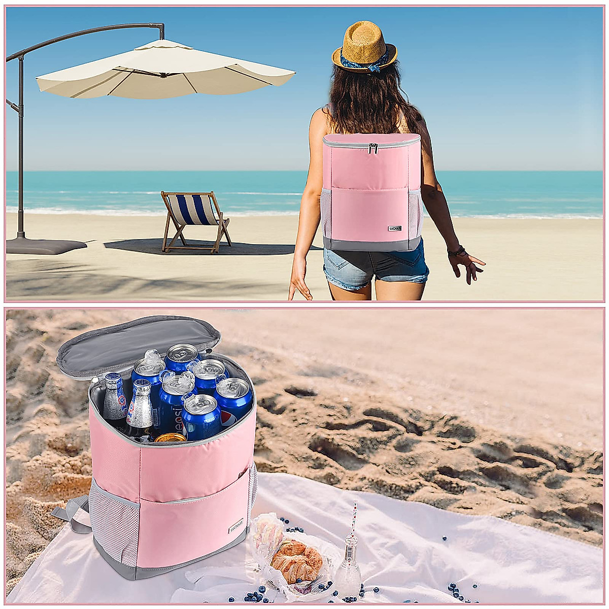 Insulated Outdoor - Leak Proof Backpack Cooler 30 Cans, Waterproof Lightweight Cooler Bag for 12h Hot/Cold Retention - Portable Soft Cooler for Travel, Camping, Beach, Lunch-Pink