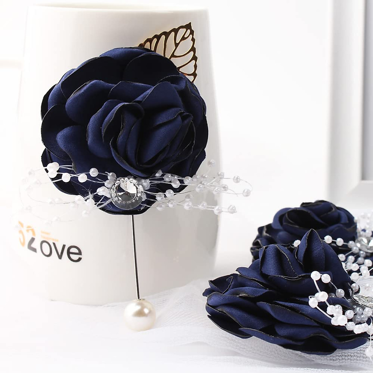 WANLIAN Wrist Corsage Rose Bridesmaid Wedding Flowers Prom Corsage And Boutonniere Set for Wedding Party Prom Groom Bridal (Navy blue)