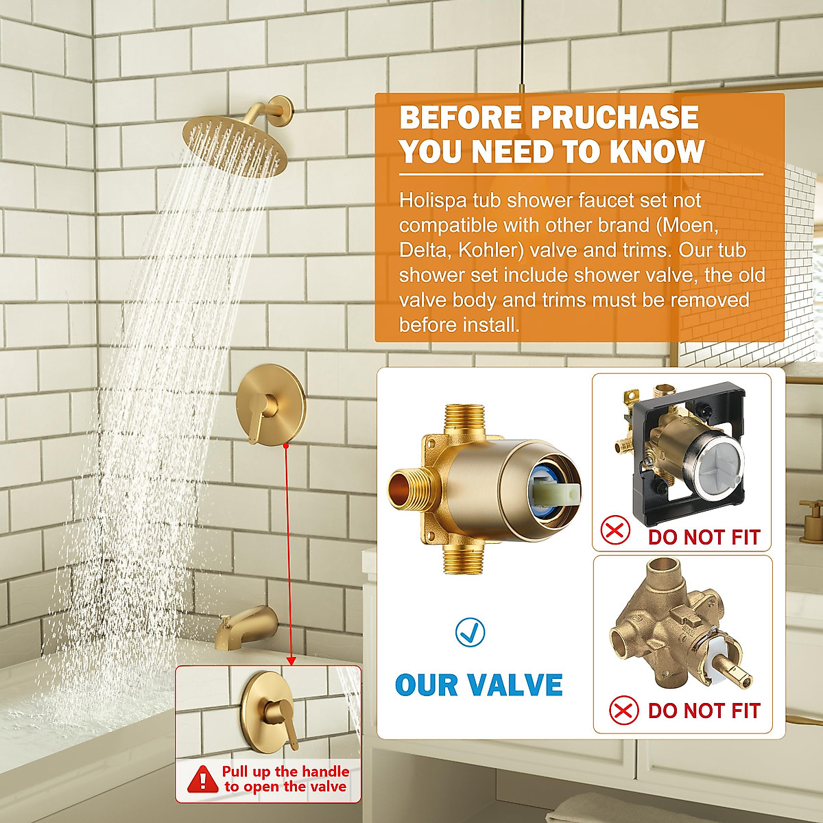Holispa Tub Shower Faucet, Gold Shower Faucet Set with 8-Inch Rainfall Shower Head and Tub Spout, Shower Tub Faucet Set Complete (Included Shower Valve), Tub Shower Trim Kit, Gold