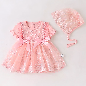 Toddler Baby Flower Girls Lace Dress First Birthday Wedding Baptism Christening Dresses Infant Princess Pageant Communion Gown with Hat Long Sleeve Fall Dress Outfits Pink Lace 0-3 Months