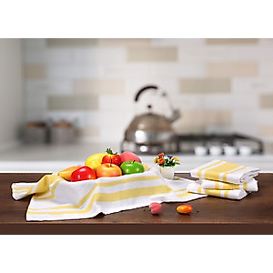 Heavy Duty Oversized Kitchen Towels & Dishcloth (Set of 6 Yellow 18x28) Highly Absorbent, Professional Grade Cotton Tea Towels for Everyday Cooking and Baking- Modern Clean Striped Pattern