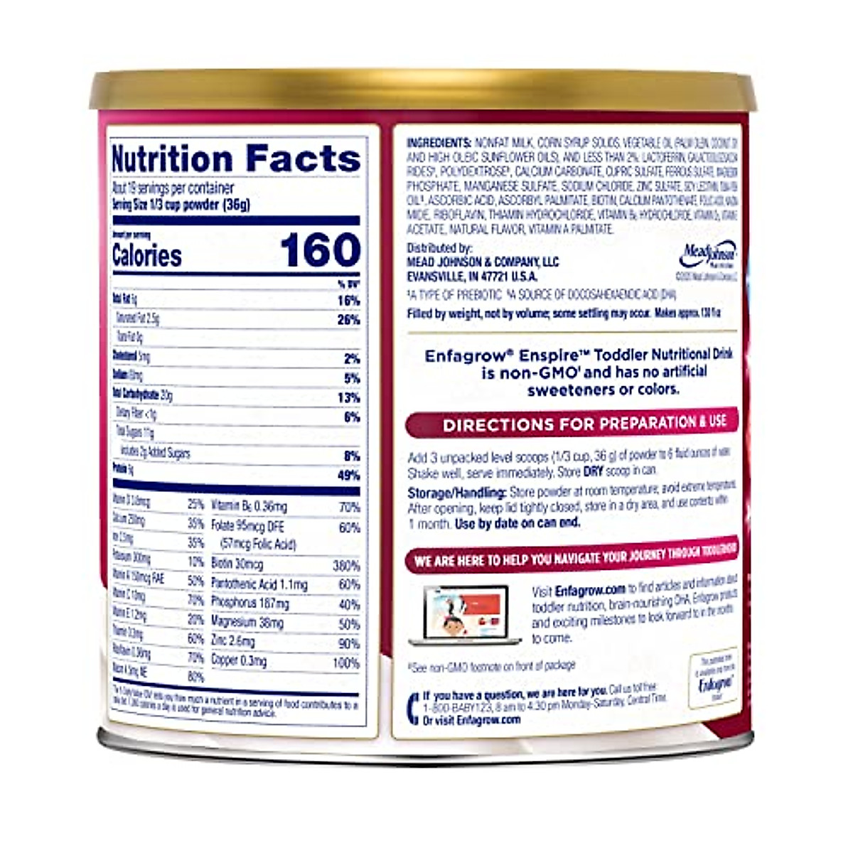 Enfagrow Enspire Toddler Nutritional Drink with Lactofrerrin, DHA, and MFGM for Brain Support and Immune Health, Non-GMO, Powder Tub 24 Oz, Pack of 4