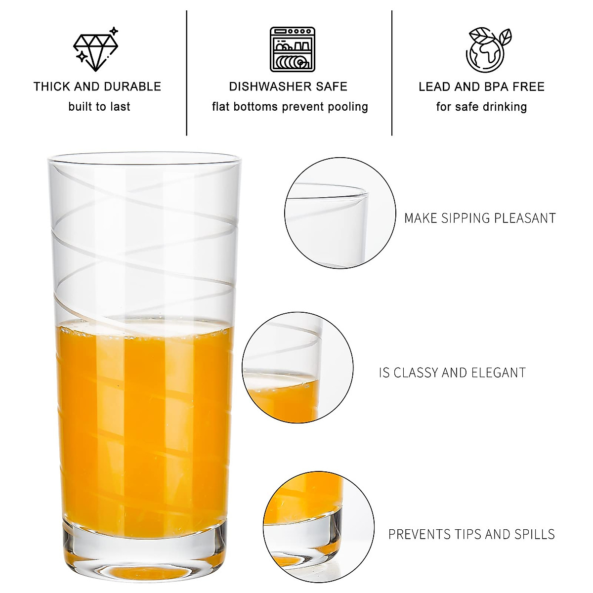 FAIRCRAFT 16oz Ribbed Durable Carved Cup Drinking Glasses, Highball Glasses Set of 6, Handmade Tall Glass Tumbler with Heavy Base, Water Glasses, Glasses Cups for All Beverage, Soda, Juice, Cocktails