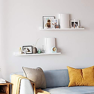SONGMICS Floating Shelves Set of 2, Wall Shelves Ledge 31.5 x 3.9 Inches with Front Edge, for Picture Frames, Books, Spice Jars, Living Room, Bathroom, Kitchen, Easy Assembly, White ULWS080W01