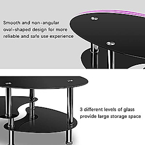 Nidouillet 3 Tier Tempered Glass Table with Glass Shelves and Stainless Steel Legs, Oval-Shaped Coffee Table Living Room Home Furniture 35.4" x 19.7" x17.7 (L x W x H)- Black AB026