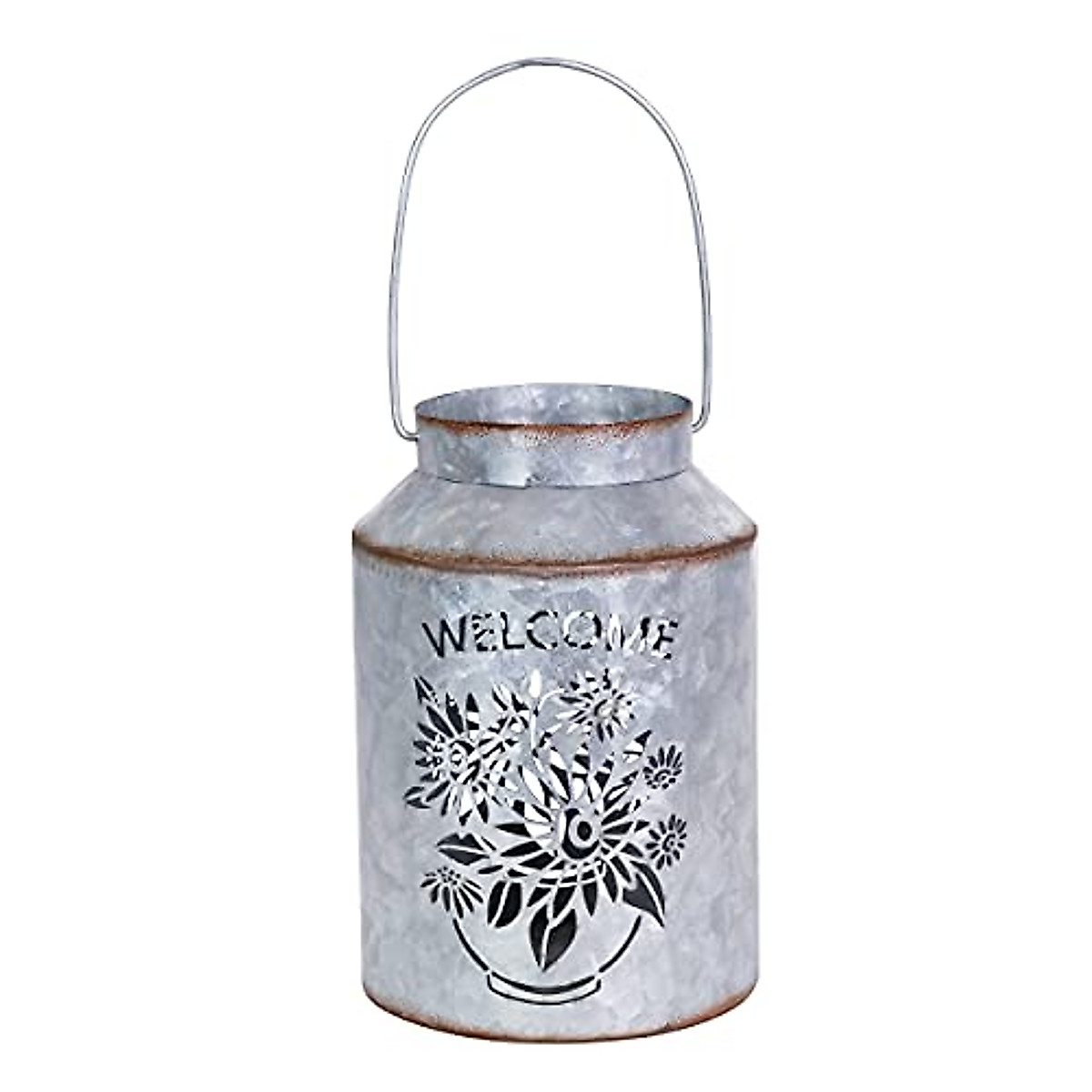 Exhart Solar “Welcome” Cute Pail Lantern, Outdoor LED Garden Light, Durable Stamped Metal, 5.5” X 8”