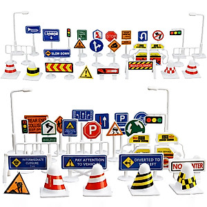 56Pcs Traffic Road Signs Playset Street Signs, Traffic Lights Mini Traffic Cones & Crosswalk Signal Toys for Kids Playing