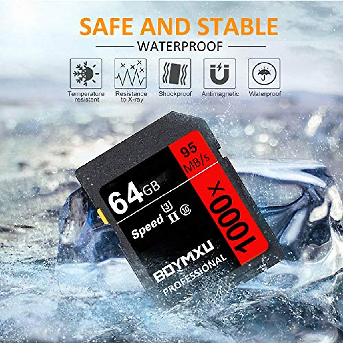 64GB Memory Card, BOYMXU Professional 1000 x Class 10 Card U3 Memory Card Compatible Computer Cameras and Camcorders, Camera Memory Card Up to 95MB/s, Red/Black
