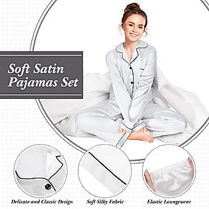 Unittype Women Silk Pajama Set Long Sleeve Silk Sleepwear Satin 2 Pcs Classic Button Down Pajamas for Bride Wedding Party (White, L)