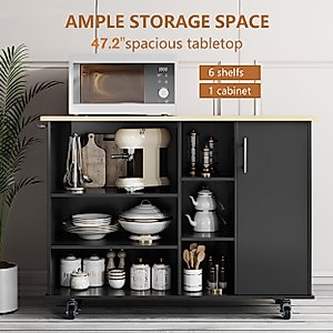 QAQA 48" Kitchen Island Cart Furniture cart on Wheels with Storage，Rolling Portable Dining Room Serving Utility Carts Mobile Movable with Drawers Cabinet,Black