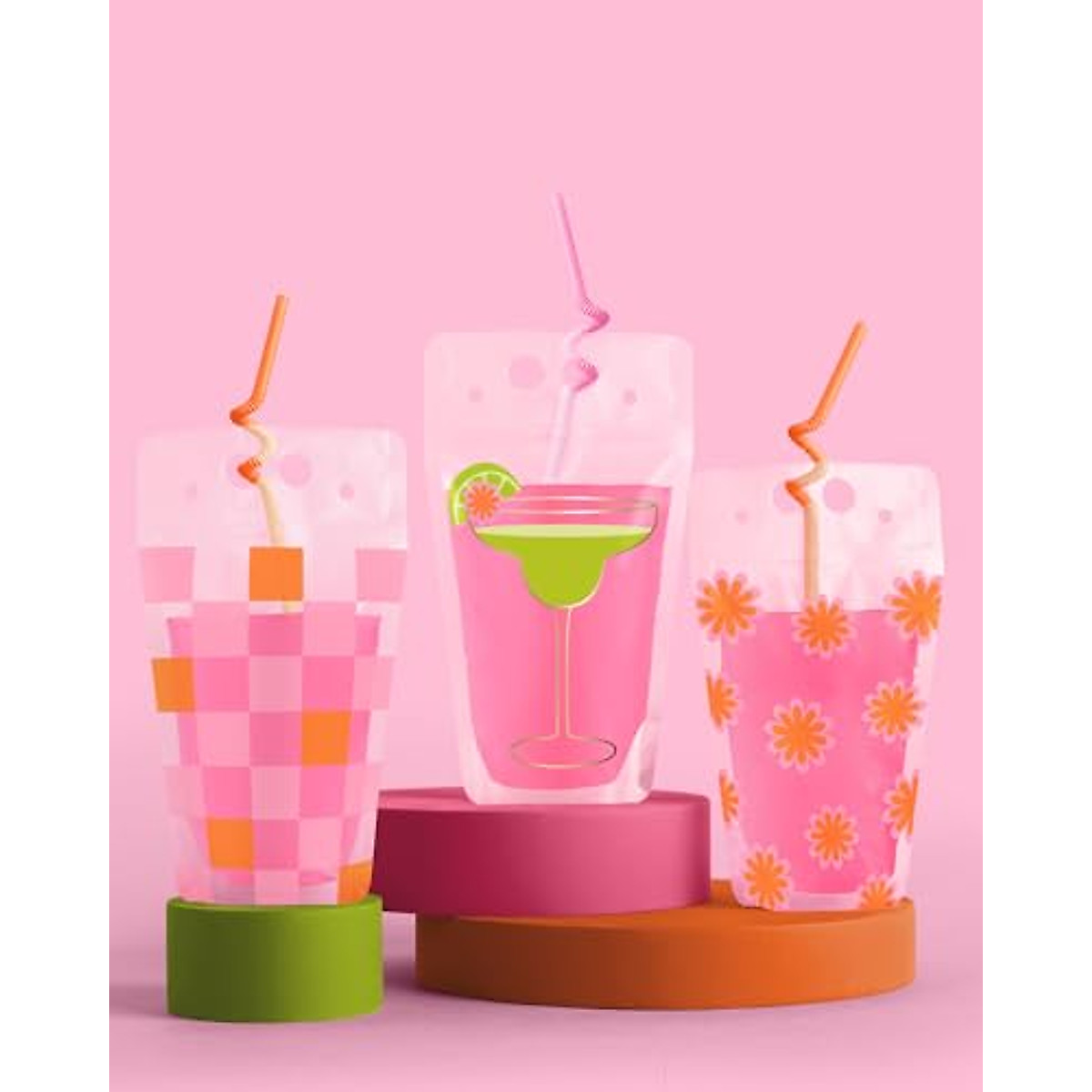 xo, Fetti Flower Margarita Pink Checker Gold Foil Drink Pouches - 15 count | Mexican Bachelorette Fiesta Drinkware, Cute Birthday Party Cups, Summer Flower Drinkware Supplies, Cinco de Mayo