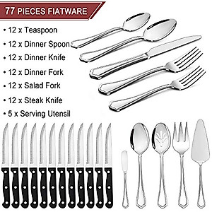 LIANYU 77-Piece Silverware Flatware Set for 12, Plus Steak Knives and Serving Utensils, Stainless Steel Flatware Cutlery Set, Eating Utensils Tableware with Scalloped Edge, Dishwasher Safe