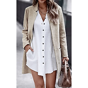 Angashion Women’s Coat, Long Sleeve Stand Collar Cardigan Mid-Long Open Front Outwear Overcoat with Zipper Pockets Beige Large