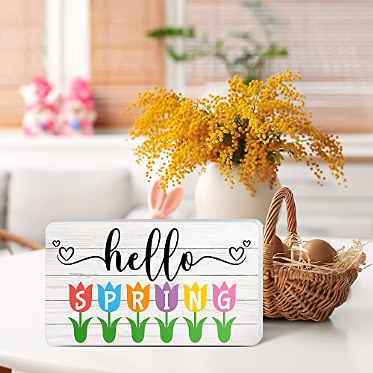 Hello Spring Wood Sign Farmhouse Tulips Spring Decor 9 x 5.3 Inch Spring Table Centerpiece Freestanding Wall Table Decor Wooden Cutout Tulips Spring Decoration for Home Dining Room (Spring)