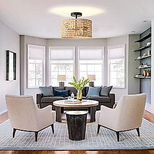 XININSUN Rattan Ceiling Light Fixtures, Boho Woven Semi Flush Mount Ceiling Light,2-Light Rattan Light Fixtures Ceiling Mount,Farmhouse Close to Ceiling Light for Bedroom Hallway Entryway, (000)