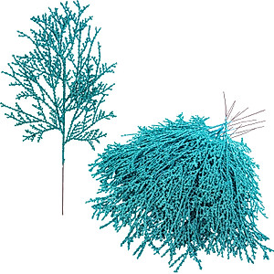 Winlyn 15 Pcs Teal Glitter Artificial Cedar Picks Sprays Christmas Floral Picks Faux Cedar Branches Stems Teal Christmas Tree Picks 15.4" H for Floral Arrangement Wreath Swag Winter Centerpiece