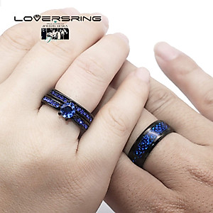 LOVERSRING Couple Ring Bridal Sets His Hers 10k Black Gold Filled Blue Cz Stainless Steel Wedding Ring Band Set
