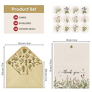 Artoid Mode 24 Pack Fall Wildflower Thank You Cards Floral Leaves Greeting Cards Gift With Envelope Sticker Blank Note Cards for Birthday Wedding Baby Shower Bridal Shower, 4 x 6 Inch
