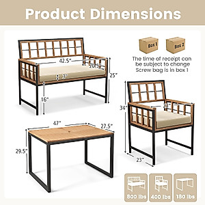 Tangkula 4 Piece Patio Dining Set, Outdoor Wood Dining Furniture W/ 2 Chairs & 1 Loveseat, 47” Acacia Wood Table W/Umbrella Hole, Cozy Seat Cushions, Outside Furniture Set for Backyard, Poolside