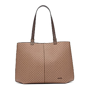 Calvin Klein Women's Granite Geometric Tote Bag – Vegan Leather, Monogram, 3 Pockets, Khaki/Brown/Java, One Size
