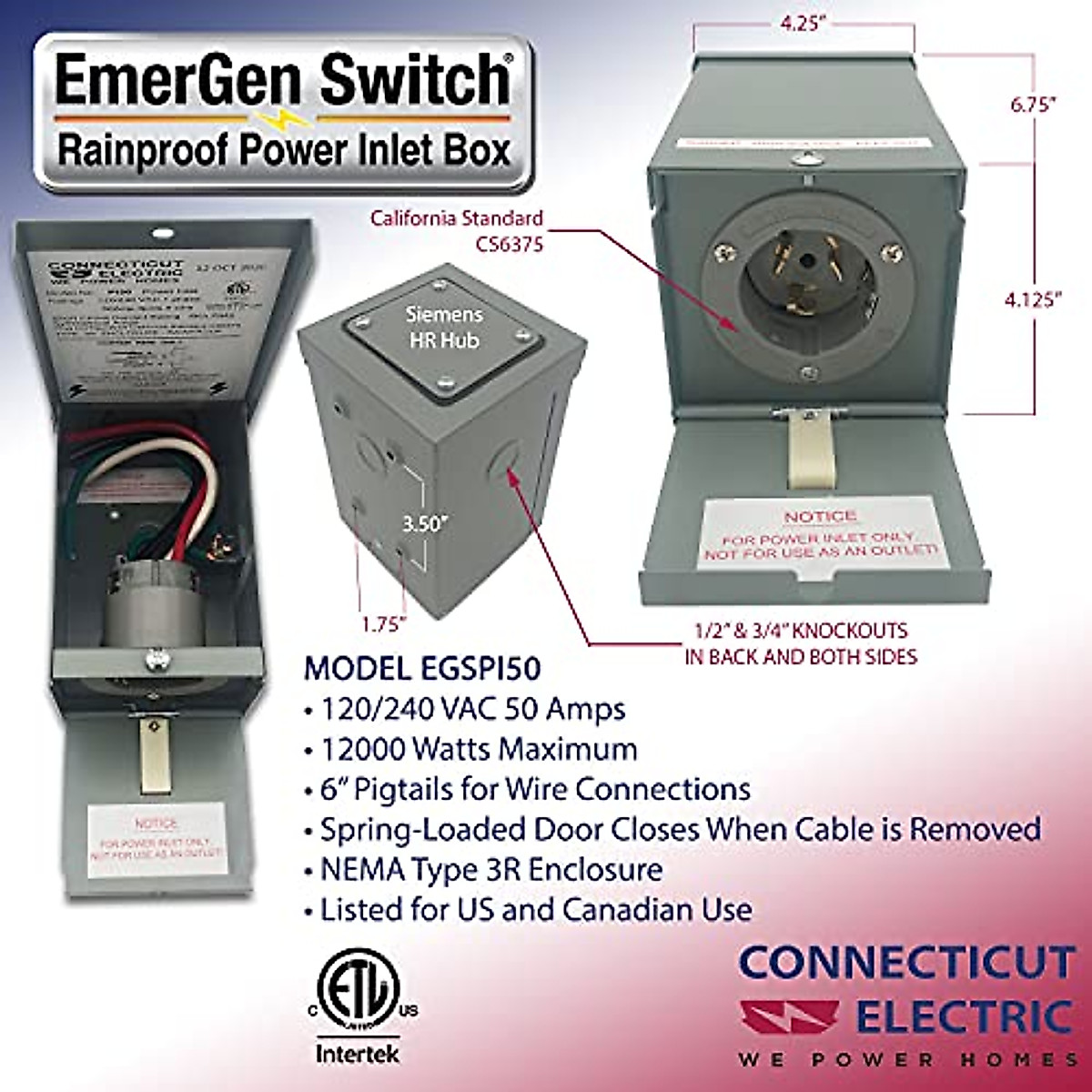 Connecticut Electric EGSPI50 50A Rainproof Generator Power Inlet Box with Cover, CS6375, SS2-50P, Receptacle, Gray