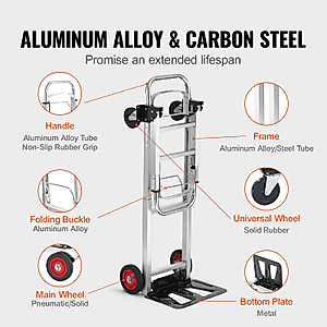 VEVOR Aluminum Folding Hand Truck, 2 in 1 Design 400 lbs Capacity, Heavy Duty Industrial Collapsible cart, Dolly Cart with Rubber Wheels for Transport and Moving in Warehouse, Supermarket, Garden