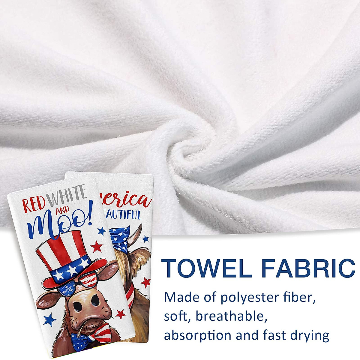 Seliem 4th of July America The Beautiful Patriotic Cow Kitchen Dish Towel Set of 2, Highland Cattle Stars Stripes Hand Towel Drying Baking Cooking Cloth, Summer Holiday USA Kitchen Decor 18x26 Inches