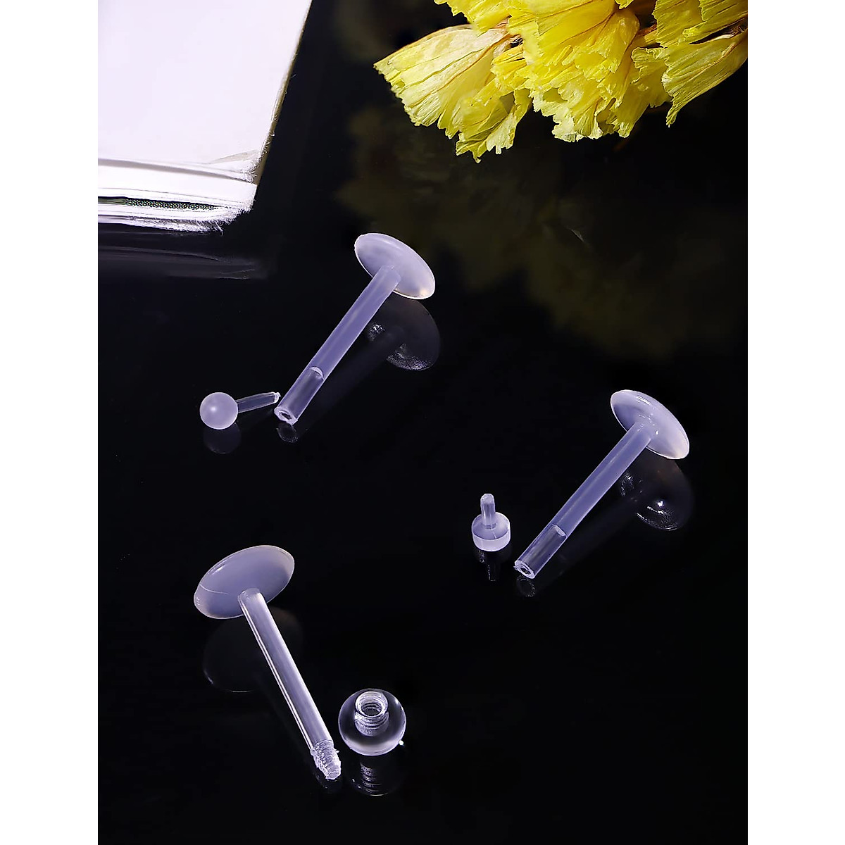 Lcolyoli 63PCS 16G Mix Length Clear Push Top Piercing Retainers Flat & Ball Top Bioflex Lip Rings Labret Medusa Retainer for Women Men 6-10mm Bar Length