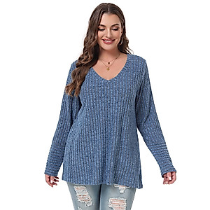 BELAROI Plus Size Long Sleeve Tops for Women Dressy Casual Shirts V Neck Tunic Sweaters Pullover Lightweight Loose Fit(2X, Navy Blue)