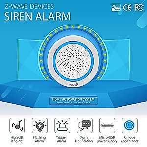 Z-Wave Plus Siren Alarm with Strobe alerts, NEO Smart Siren, Support USB Charge and with Back up Battery Works with SmartThings, Blue