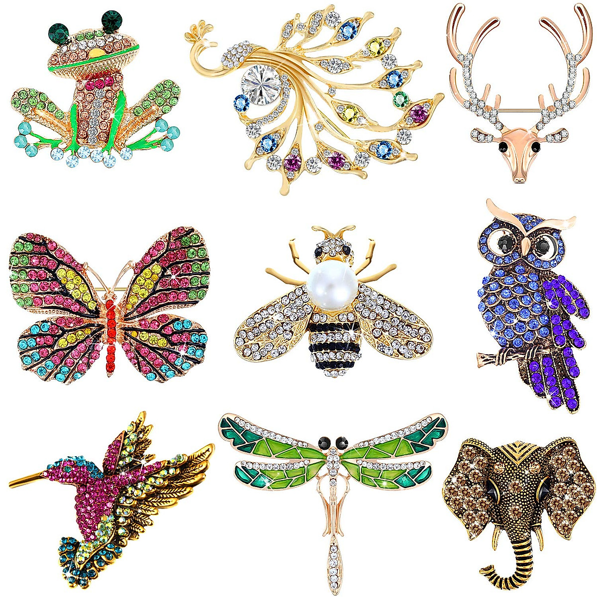 Hicarer 9 Pieces Women Brooches Pins Bulk Set Rhinestone Animal Insect Crystal Pins Butterfly Dragonfly Hummingbird Owl Peacock Brooch Pin for Women Girls Gifts, 9 Styles