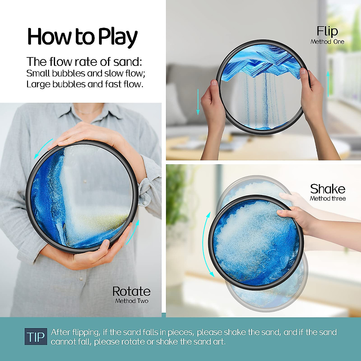 Fitifun Liquid Motion Sand Art Picture for Home Decor - Blue Sandscapes Painting in 3D Motion (12in)