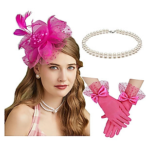 Cizoe Women's Fascinators Hat Kentucky Derby Hats Wedding Cocktail Tea Party Headwear and Gloves(Fushia)