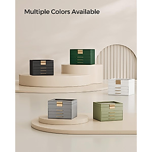 SONGMICS Jewelry Box with Glass Lid, 4-Layer Jewelry Organizer, 3 Drawers, for Big and Small Jewelry, Jewelry Storage, Modern Style, 8 x 9.1 x 6.5 Inches, Graphite Black and Gold Color UJBC173B01
