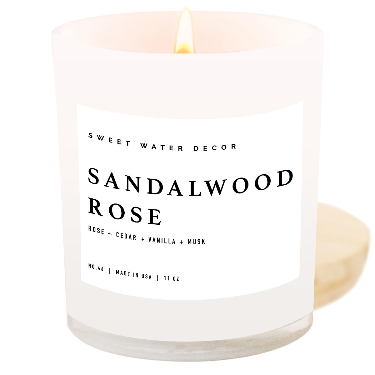 Sweet Water Decor Sandalwood Rose Candle - Rose, Cedar, Vanilla, Musk Scented Floral Candle for Spring - 11oz White Jar with Wood Lid, 50+ Hour Burn Time, Made in the USA