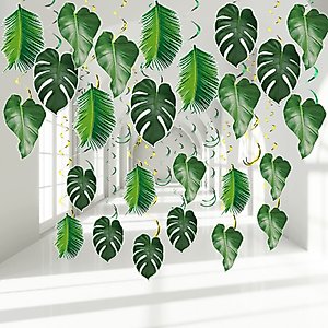 Geyee 51 Pcs Hawaiian Luau Party Palm Leaves Swirl Decorations Green Palm Leaves Hanging Decoration Ceiling Tropical Safari Jungle Party Decor for Summer Beach Baby Shower Birthday Supplies